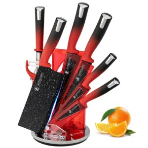 8pcs red kitchen knife set, dufeimoy chef knife set professional, stainless steel knife block set with peeler and knife sharpener rod for cooking meat cutting