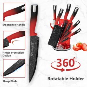 8Pcs Red Kitchen Knife Set, DUFEIMOY Chef Knife Set Professional, Stainless Steel Knife Block Set with Peeler and Knife Sharpener Rod for Cooking Meat Cutting