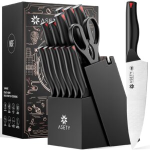 asety knife set, 15 pcs kitchen knife set with bulti-in sharpener block, high carbon stainless steel knife block set, nsf food safe, dishwasher safe knife sets for kitchen, black, gift box