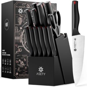 ASETY Knife Set, 15 PCS Kitchen knife Set with Bulti-in Sharpener Block, High Carbon Stainless Steel Knife Block Set, NSF Food Safe, Dishwasher Safe Knife Sets for Kitchen, Black, Gift Box