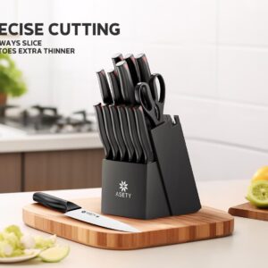 ASETY Knife Set, 15 PCS Kitchen knife Set with Bulti-in Sharpener Block, High Carbon Stainless Steel Knife Block Set, NSF Food Safe, Dishwasher Safe Knife Sets for Kitchen, Black, Gift Box