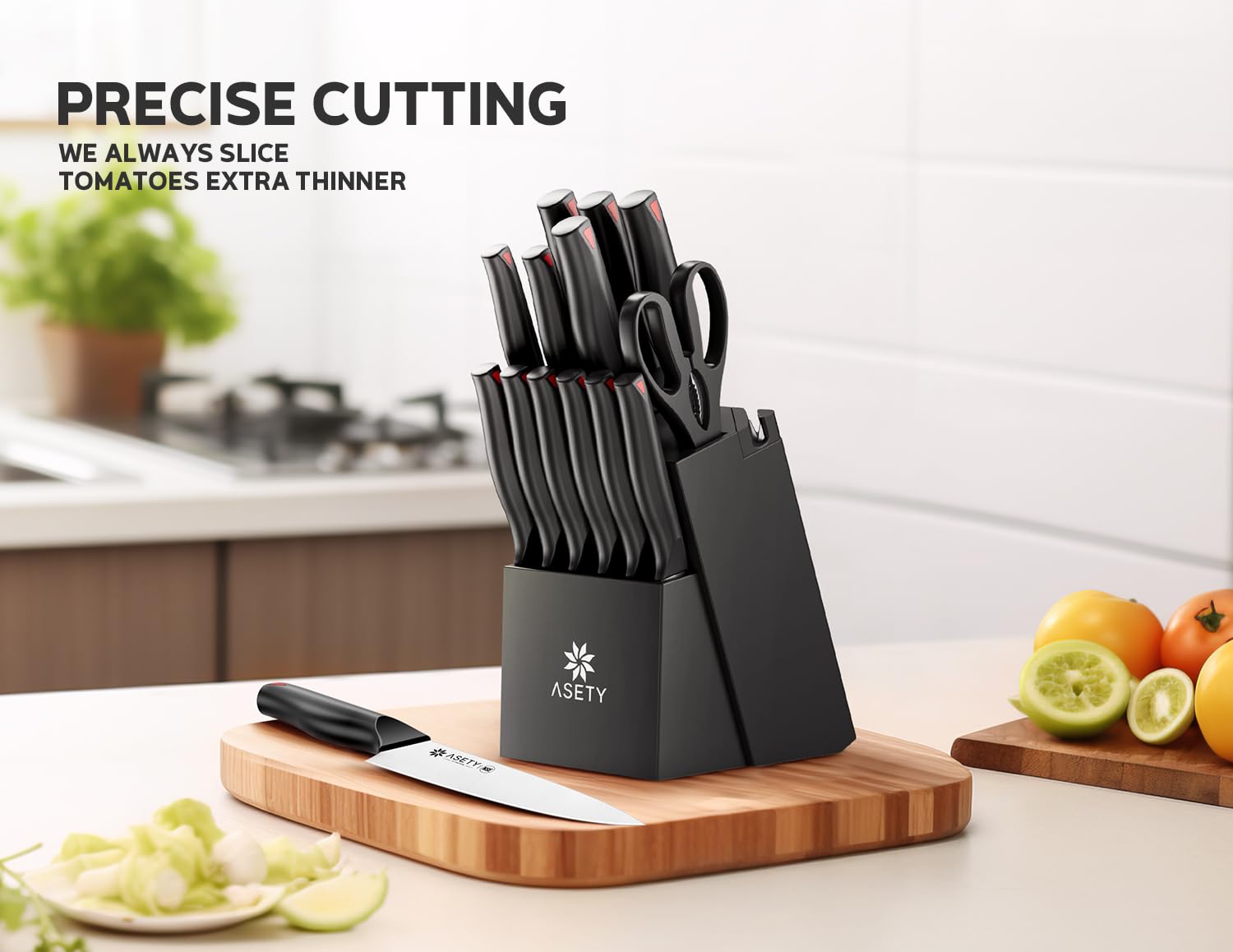 ASETY Knife Set, 15 PCS Kitchen knife Set with Bulti-in Sharpener Block, High Carbon Stainless Steel Knife Block Set, NSF Food Safe, Dishwasher Safe Knife Sets for Kitchen, Black, Gift Box