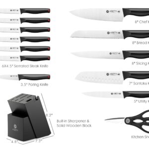 ASETY Knife Set, 15 PCS Kitchen knife Set with Bulti-in Sharpener Block, High Carbon Stainless Steel Knife Block Set, NSF Food Safe, Dishwasher Safe Knife Sets for Kitchen, Black, Gift Box