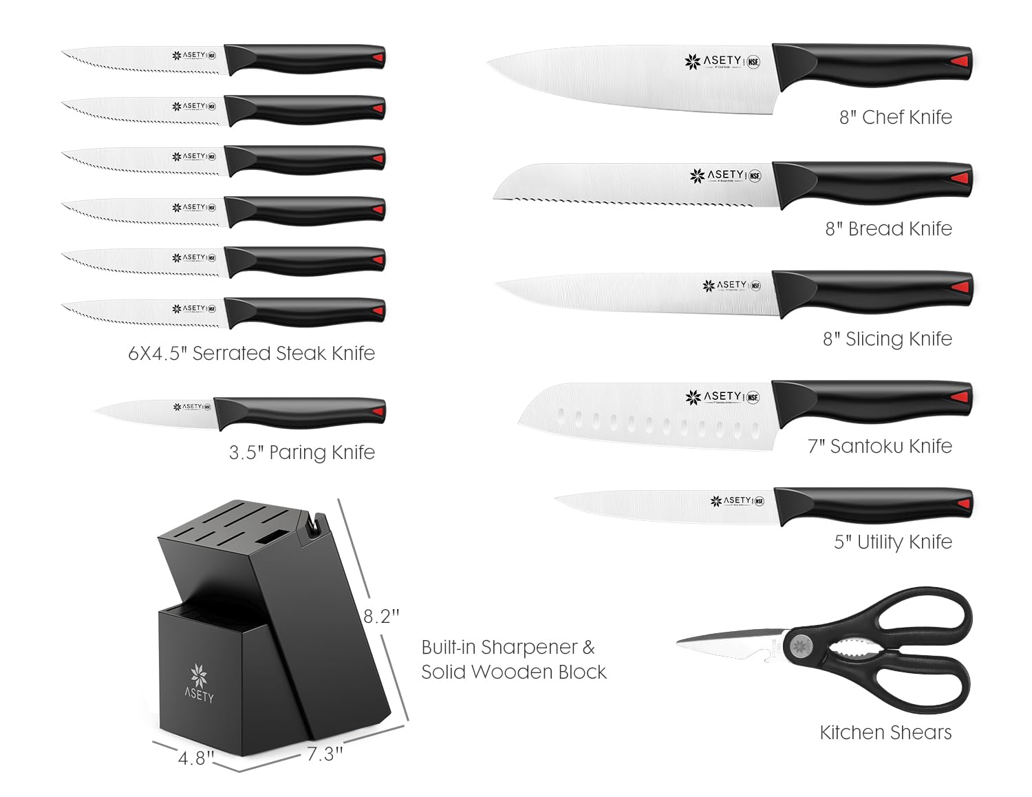 ASETY Knife Set, 15 PCS Kitchen knife Set with Bulti-in Sharpener Block, High Carbon Stainless Steel Knife Block Set, NSF Food Safe, Dishwasher Safe Knife Sets for Kitchen, Black, Gift Box