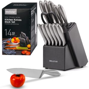 wellstar knife set, super sharp german stainless steel kitchen knives set with wooden block, durable all stainless steel handle, chef’s knife block set 14-piece with scissors and built-in sharpener