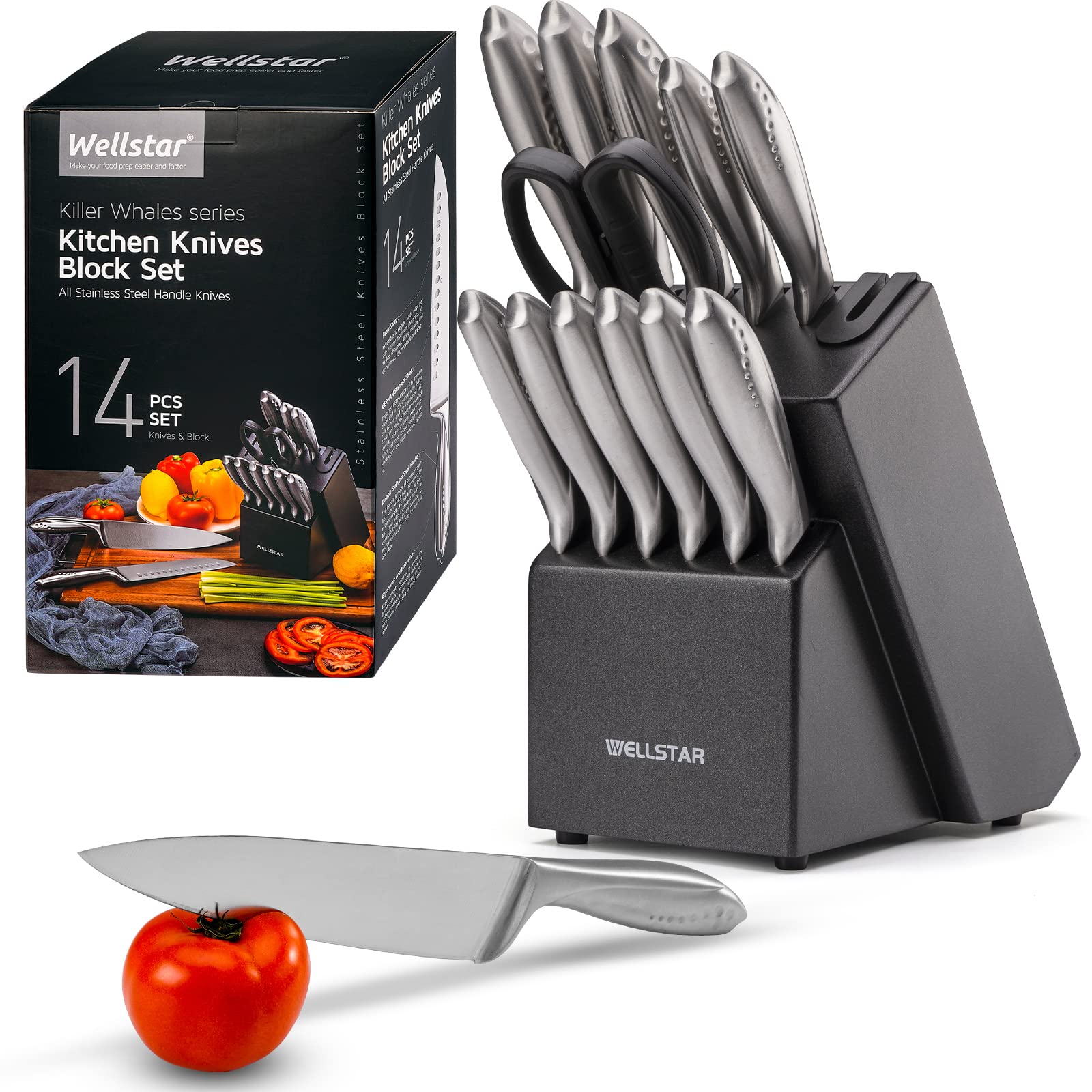 WELLSTAR Knife Set, Super Sharp German Stainless Steel Kitchen Knives Set with Wooden Block, Durable All Stainless Steel Handle, Chef’s Knife Block Set 14-Piece with Scissors and Built-in Sharpener