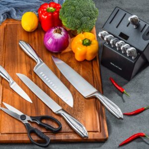 WELLSTAR Knife Set, Super Sharp German Stainless Steel Kitchen Knives Set with Wooden Block, Durable All Stainless Steel Handle, Chef’s Knife Block Set 14-Piece with Scissors and Built-in Sharpener