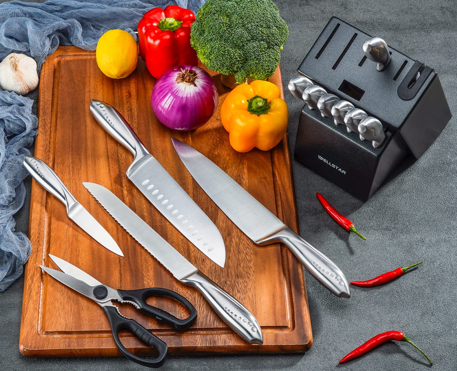 WELLSTAR Knife Set, Super Sharp German Stainless Steel Kitchen Knives Set with Wooden Block, Durable All Stainless Steel Handle, Chef’s Knife Block Set 14-Piece with Scissors and Built-in Sharpener