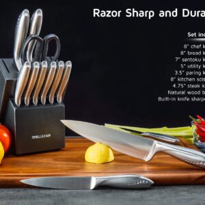 WELLSTAR Knife Set, Super Sharp German Stainless Steel Kitchen Knives Set with Wooden Block, Durable All Stainless Steel Handle, Chef’s Knife Block Set 14-Piece with Scissors and Built-in Sharpener