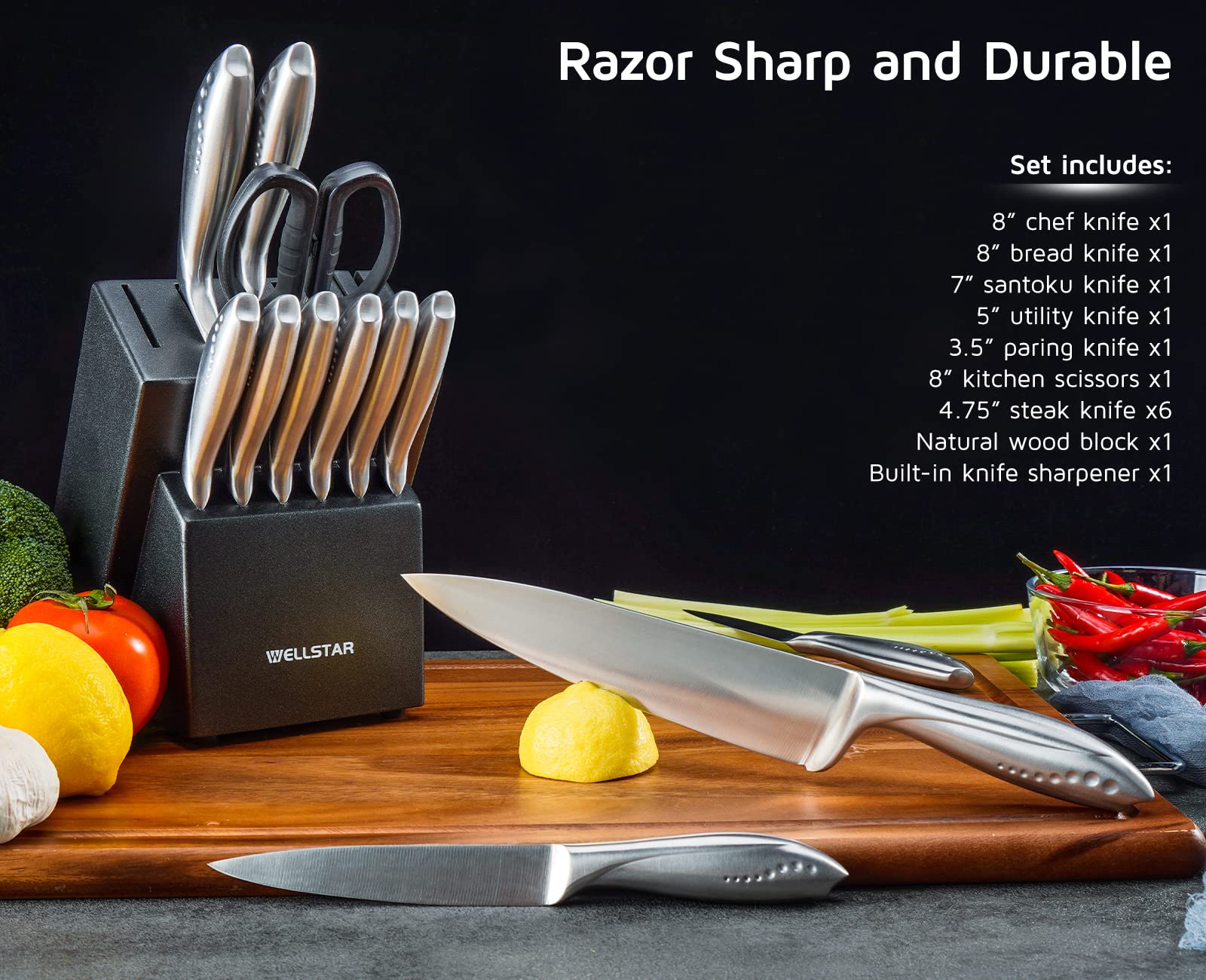 WELLSTAR Knife Set, Super Sharp German Stainless Steel Kitchen Knives Set with Wooden Block, Durable All Stainless Steel Handle, Chef’s Knife Block Set 14-Piece with Scissors and Built-in Sharpener