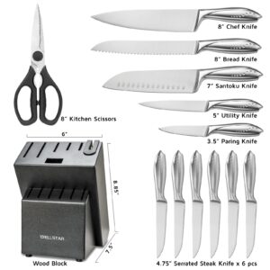 WELLSTAR Knife Set, Super Sharp German Stainless Steel Kitchen Knives Set with Wooden Block, Durable All Stainless Steel Handle, Chef’s Knife Block Set 14-Piece with Scissors and Built-in Sharpener