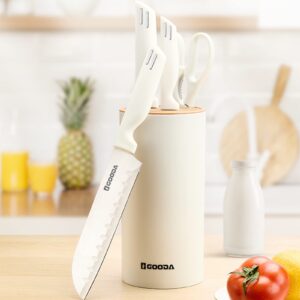 Knife Set for Kitchen, Retrosohoo 5-Pieces White Cooking Knife Set with Storage Knife Holder, Sharp Stainless Steel Knife Block Set for Cutting Slicing Dicing Chopping (White)