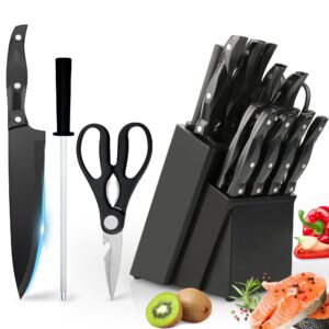 knife set, meythway kitchen knife set 19-piece with wooden block, premium stainless steel knife block set, dishwasher safe kitchen knives, ultra sharp, full-tang design with black coating