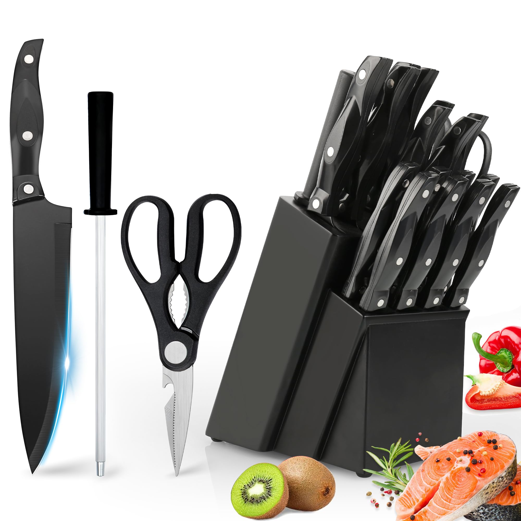 Knife Set, Meythway Kitchen Knife Set 19-Piece with Wooden Block, Premium Stainless Steel Knife Block Set, Dishwasher Safe Kitchen Knives, Ultra Sharp, Full-Tang Design with Black Coating