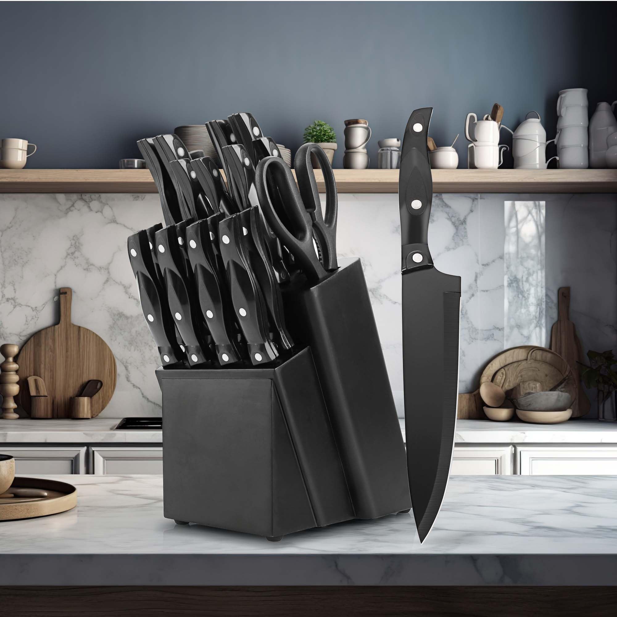 Knife Set, Meythway Kitchen Knife Set 19-Piece with Wooden Block, Premium Stainless Steel Knife Block Set, Dishwasher Safe Kitchen Knives, Ultra Sharp, Full-Tang Design with Black Coating