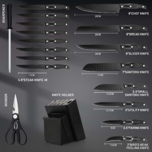 Knife Set, Meythway Kitchen Knife Set 19-Piece with Wooden Block, Premium Stainless Steel Knife Block Set, Dishwasher Safe Kitchen Knives, Ultra Sharp, Full-Tang Design with Black Coating