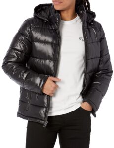 guess mens mid-weight puffer jacket with removable hood down alternative coat, black, small us