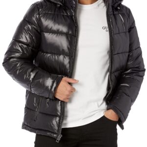 GUESS mens Mid-weight Puffer Jacket With Removable Hood Down Alternative Coat, Black, Small US