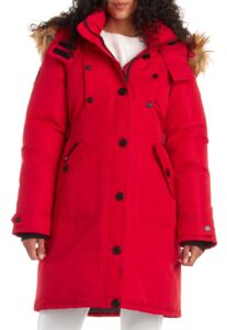 canada weather gear women's winter coat - stadium parka jacket, fur trim hood (s-3xl), size medium, red apple