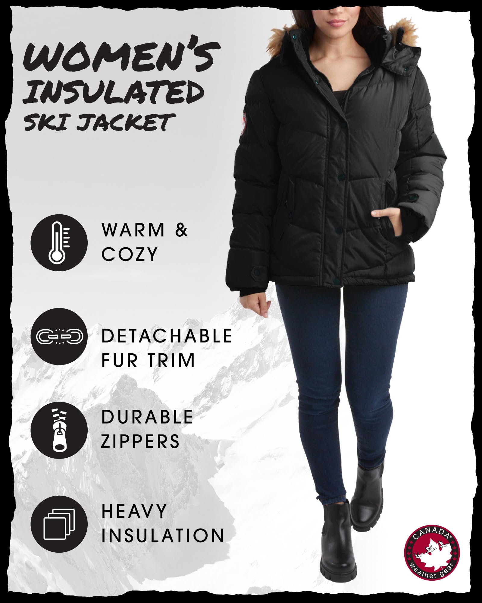 CANADA WEATHER GEAR Women's Winter Coat - Quilted Heavyweight Puffer Parka Coat – Plus Sized Jacket for Women (S-3X), Size Large, Black/Natural