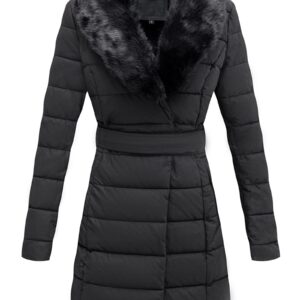 Bellivera Women's Winter Puffer Jacket Cold-resistant patchwork plush lining Coat with Removable Fur Collar Hooded and Belted 5527 BLACK M