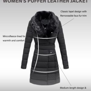 Bellivera Women's Winter Puffer Jacket Cold-resistant patchwork plush lining Coat with Removable Fur Collar Hooded and Belted 5527 BLACK M