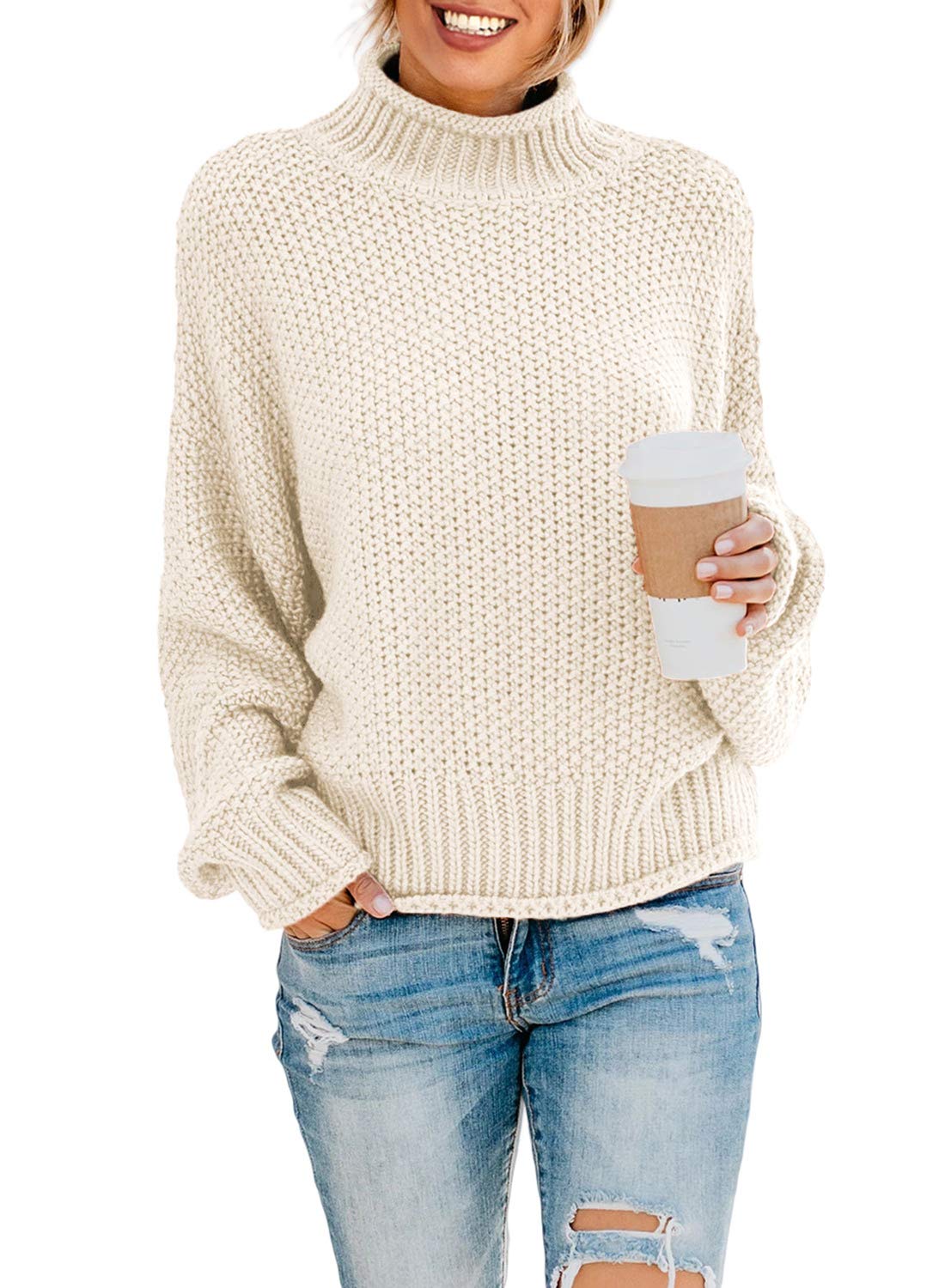 Dokotoo Women's Turtleneck Batwing Long Sleeve Solid Chunky Knit Sweater B Beige