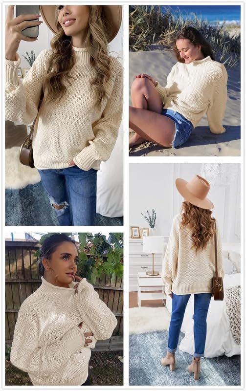 Dokotoo Women's Turtleneck Batwing Long Sleeve Solid Chunky Knit Sweater B Beige