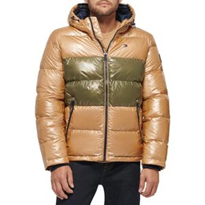 tommy hilfiger men's hooded puffer jacket, pearlized khaki/olive, small