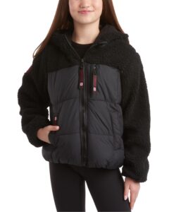 canada weather gear girls' jacket - sherpa lined puffer coat with hood (size: 4-16), size 7-8, black