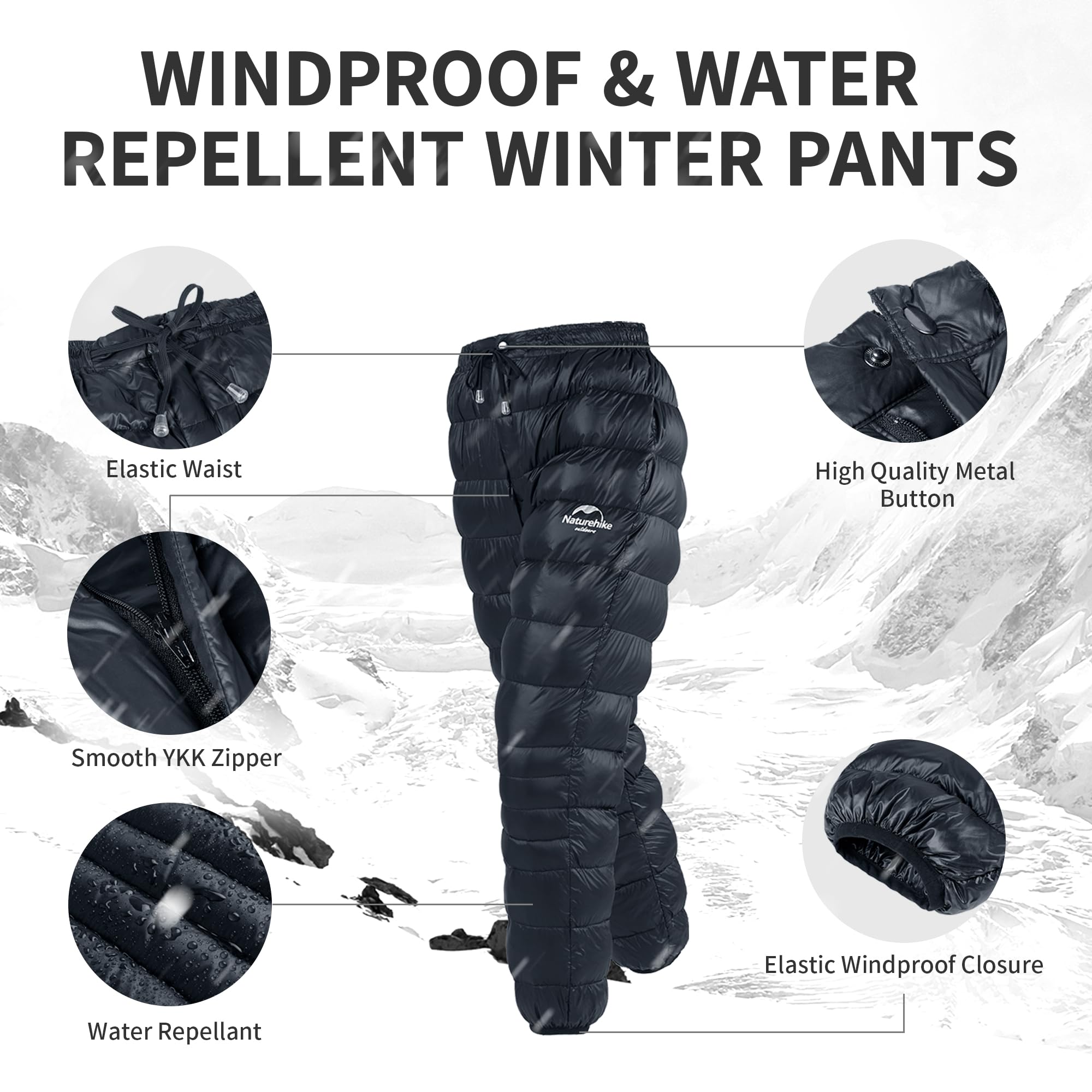 Naturehike DW Down Pants, Men's Women's Pants for Winter, 800FP Warm Windproof Puffy Pants, Hiking Pants for Men & Women