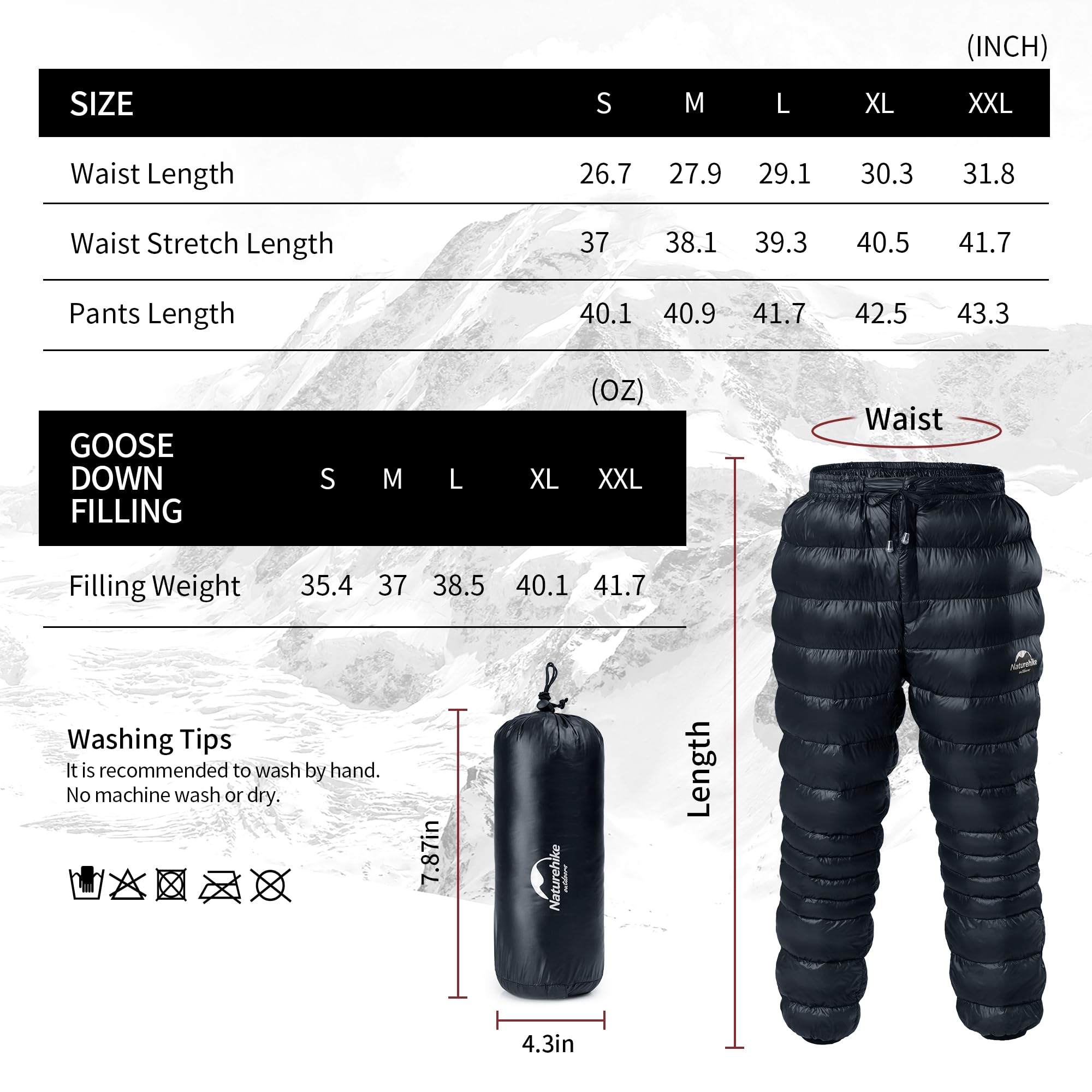 Naturehike DW Down Pants, Men's Women's Pants for Winter, 800FP Warm Windproof Puffy Pants, Hiking Pants for Men & Women