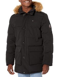 tommy hilfiger mens arctic cloth full length quilted snorkel jacket down alternative outerwear coat, black, large us