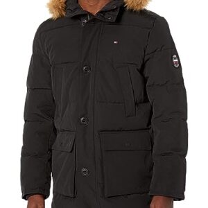 Tommy Hilfiger mens Arctic Cloth Full Length Quilted Snorkel Jacket Down Alternative Outerwear Coat, Black, Large US