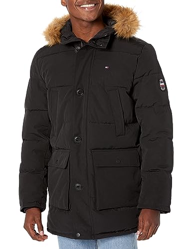 Tommy Hilfiger mens Arctic Cloth Full Length Quilted Snorkel Jacket Down Alternative Outerwear Coat, Black, Large US