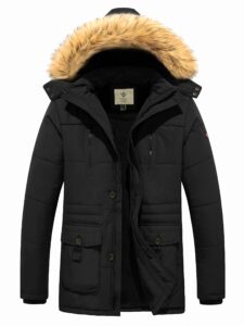 wenven men's winter coat bubble parka jacket with fur removable hood (black, l)