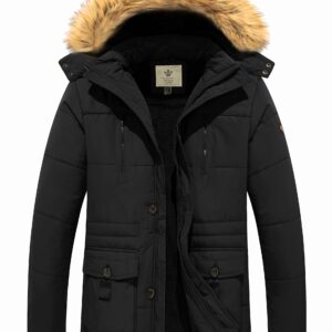 WenVen Men's Winter Coat Bubble Parka Jacket with Fur Removable Hood (Black, L)