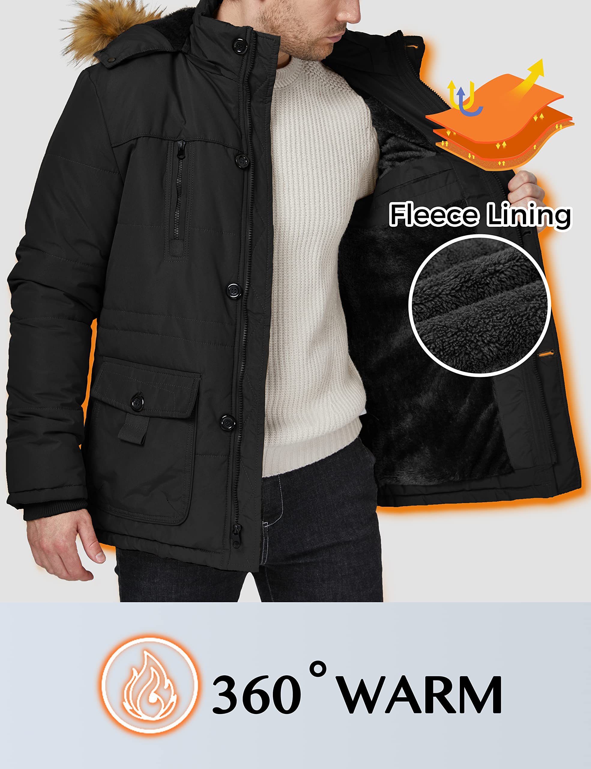 WenVen Men's Winter Coat Bubble Parka Jacket with Fur Removable Hood (Black, L)