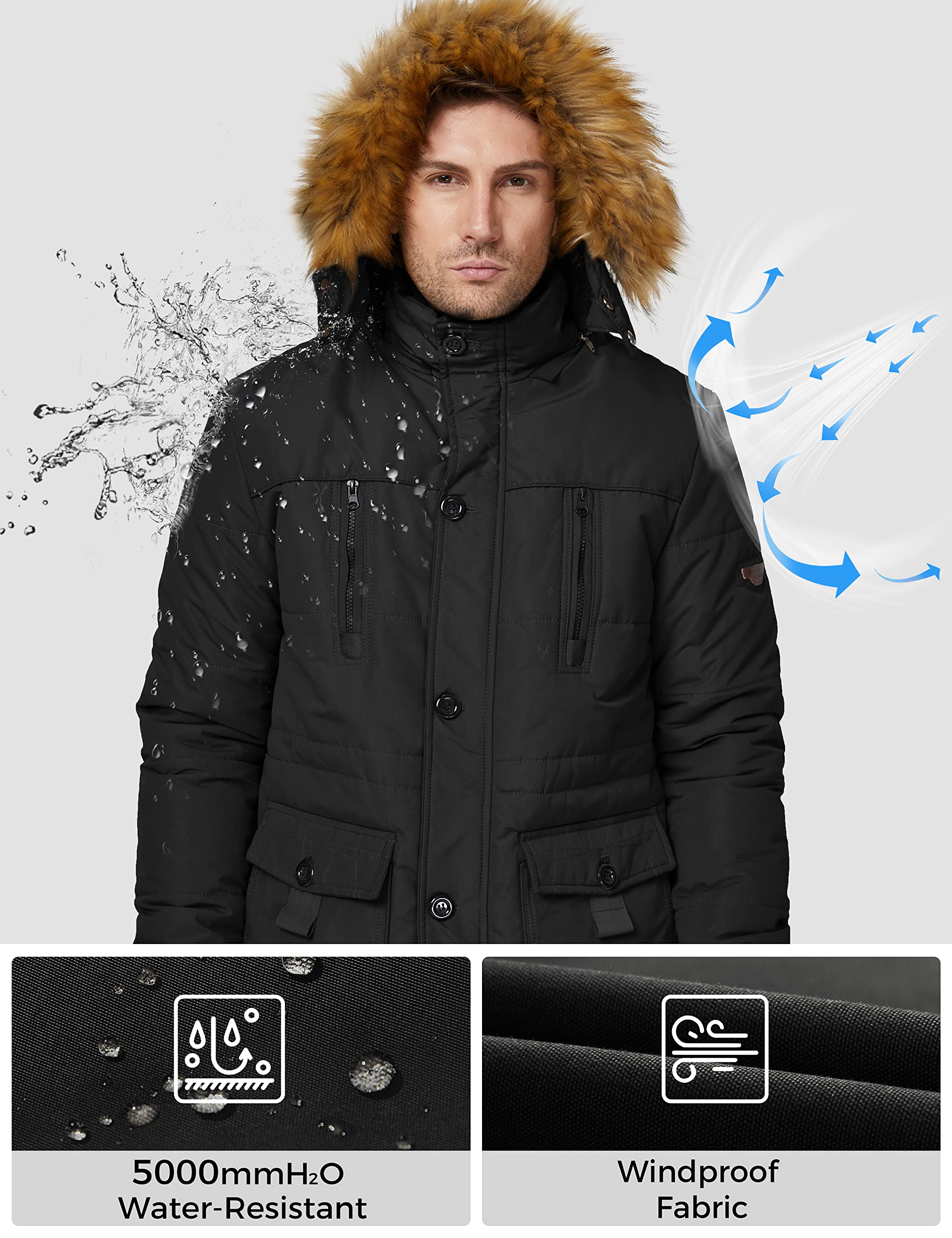 WenVen Men's Winter Coat Bubble Parka Jacket with Fur Removable Hood (Black, L)