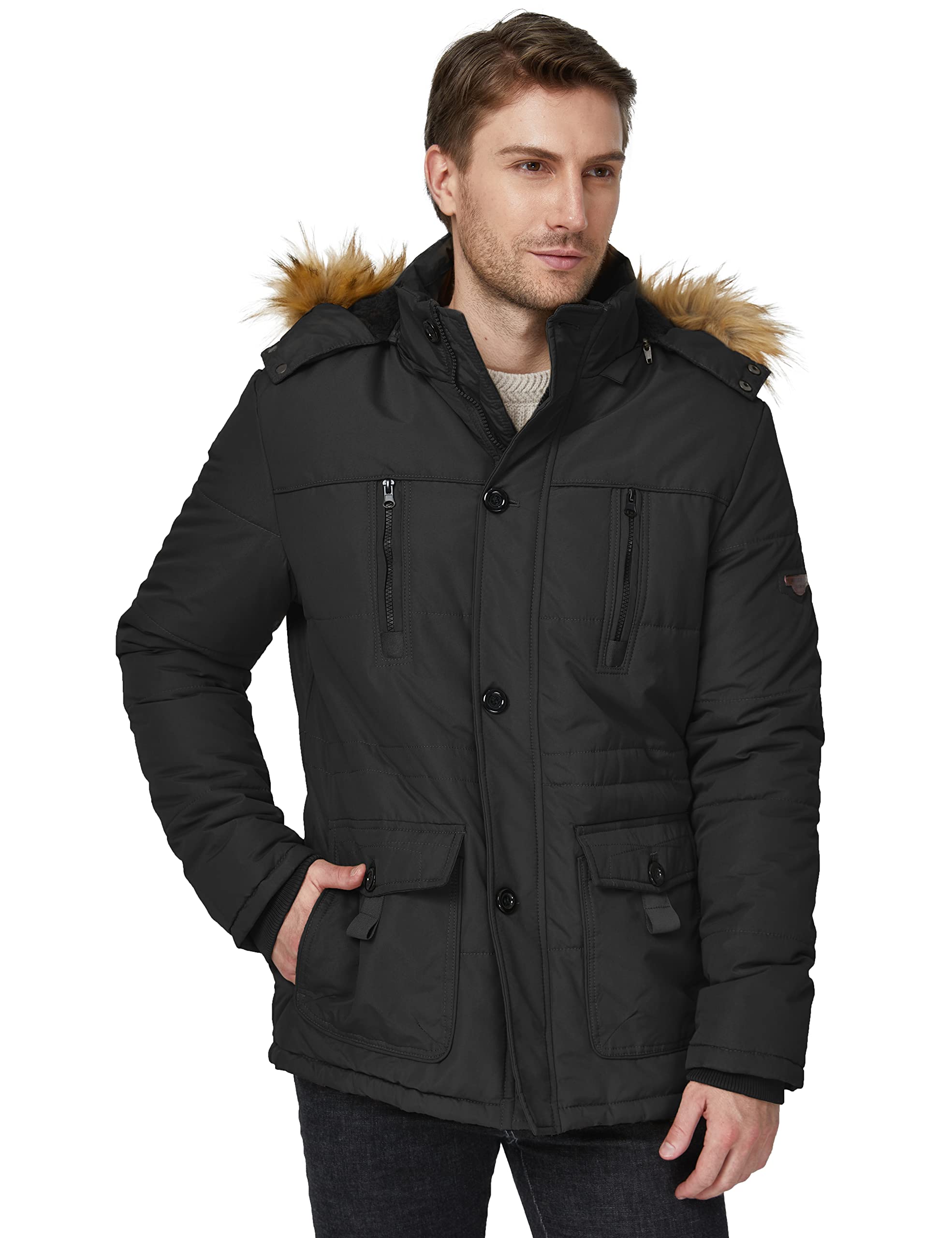 WenVen Men's Winter Coat Bubble Parka Jacket with Fur Removable Hood (Black, L)