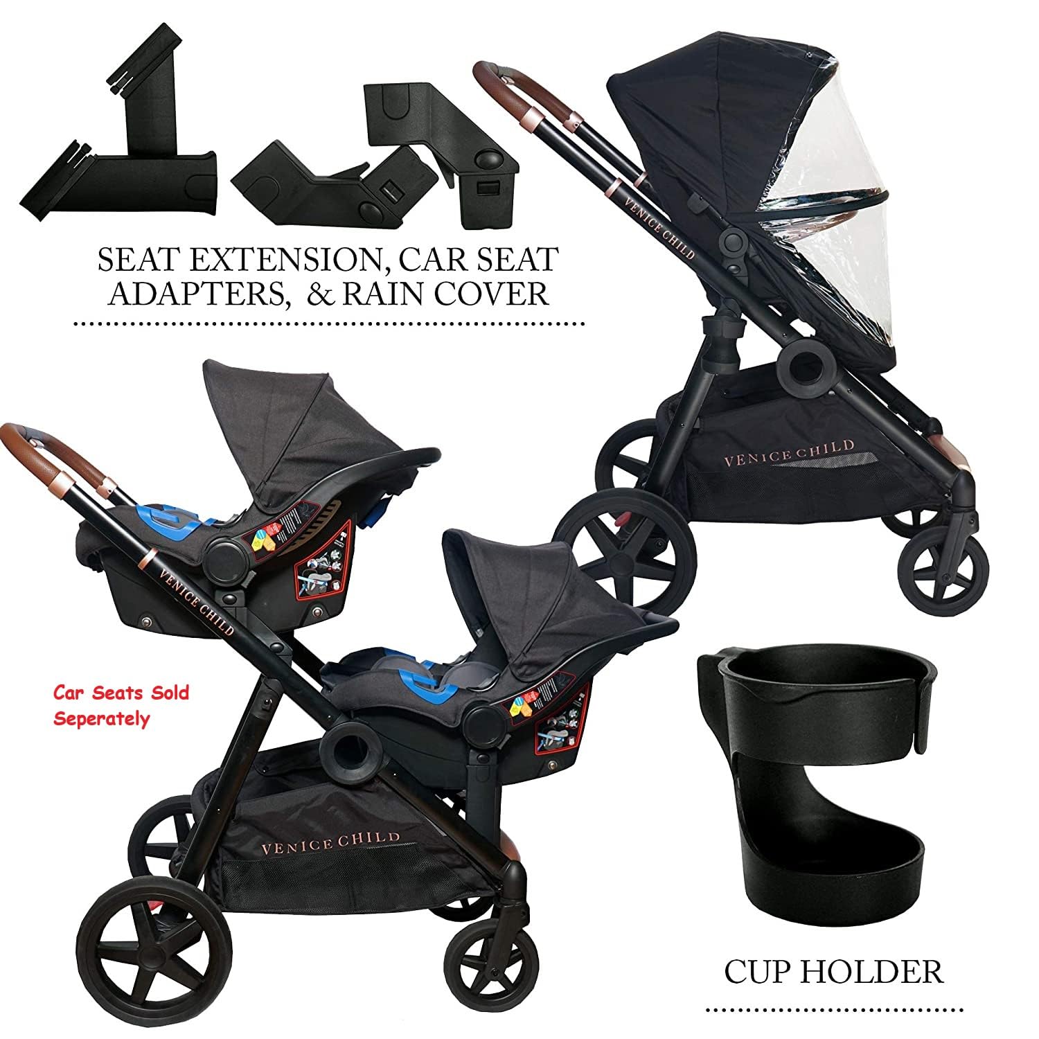 Venice Child Maverick - Single to Double Modular Stroller - Front or Rear Facing Toddler Seat & Car Seat Adapter, (Package 1, Eclipse Black)