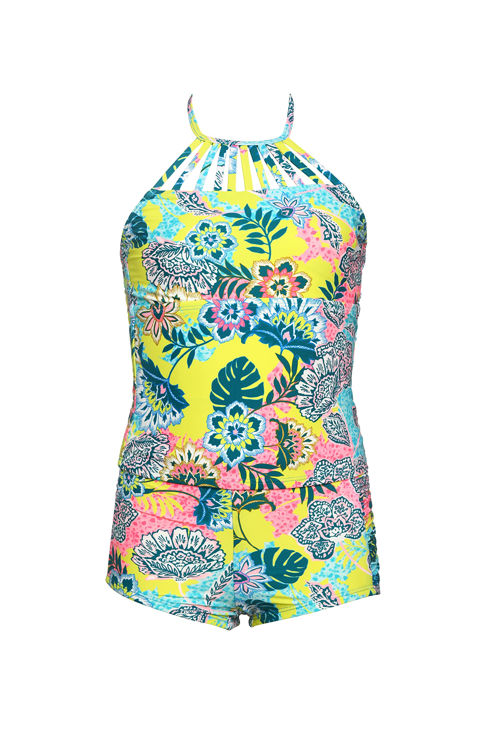 Hobie Girls' Strappy High Neck Tankini Top & Shirred Boyshort Bottom Swimsuit Set, Multi//Venice Vibes, 8