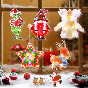 brightown christmas window lights decorations, led christmas hanging lights stole green monster dwarf deer angel star shaped battery operated with suction cup hook for xmas tree window indoor decor