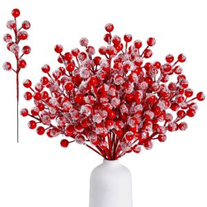 sggvecsy 30 pack snow frosted artificial red berry stems 8.9inch snowy christmas red spray picks holly berry branches for christmas tree decoration holiday diy crafts xmas ornaments home decor (red)