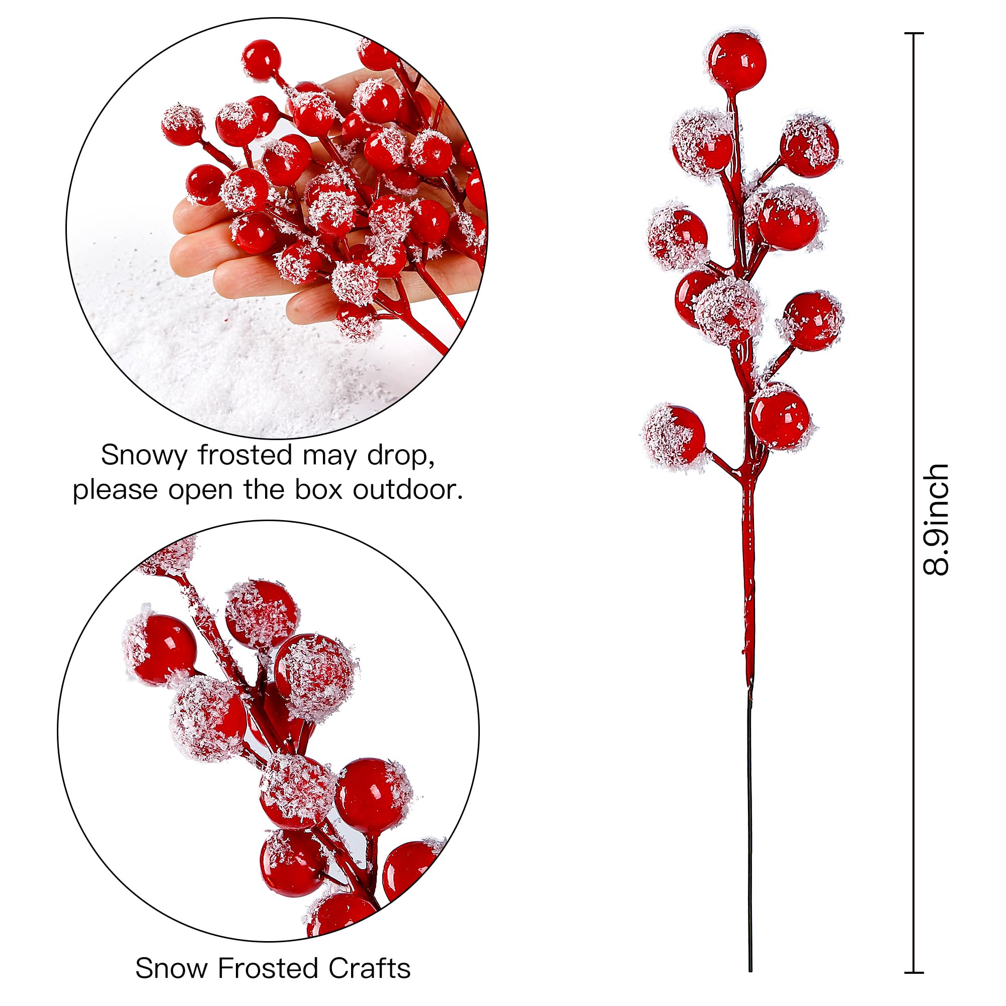 Sggvecsy 30 Pack Snow Frosted Artificial Red Berry Stems 8.9inch Snowy Christmas Red Spray Picks Holly Berry Branches for Christmas Tree Decoration Holiday DIY Crafts Xmas Ornaments Home Decor (Red)