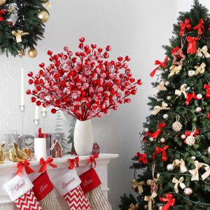 Sggvecsy 30 Pack Snow Frosted Artificial Red Berry Stems 8.9inch Snowy Christmas Red Spray Picks Holly Berry Branches for Christmas Tree Decoration Holiday DIY Crafts Xmas Ornaments Home Decor (Red)