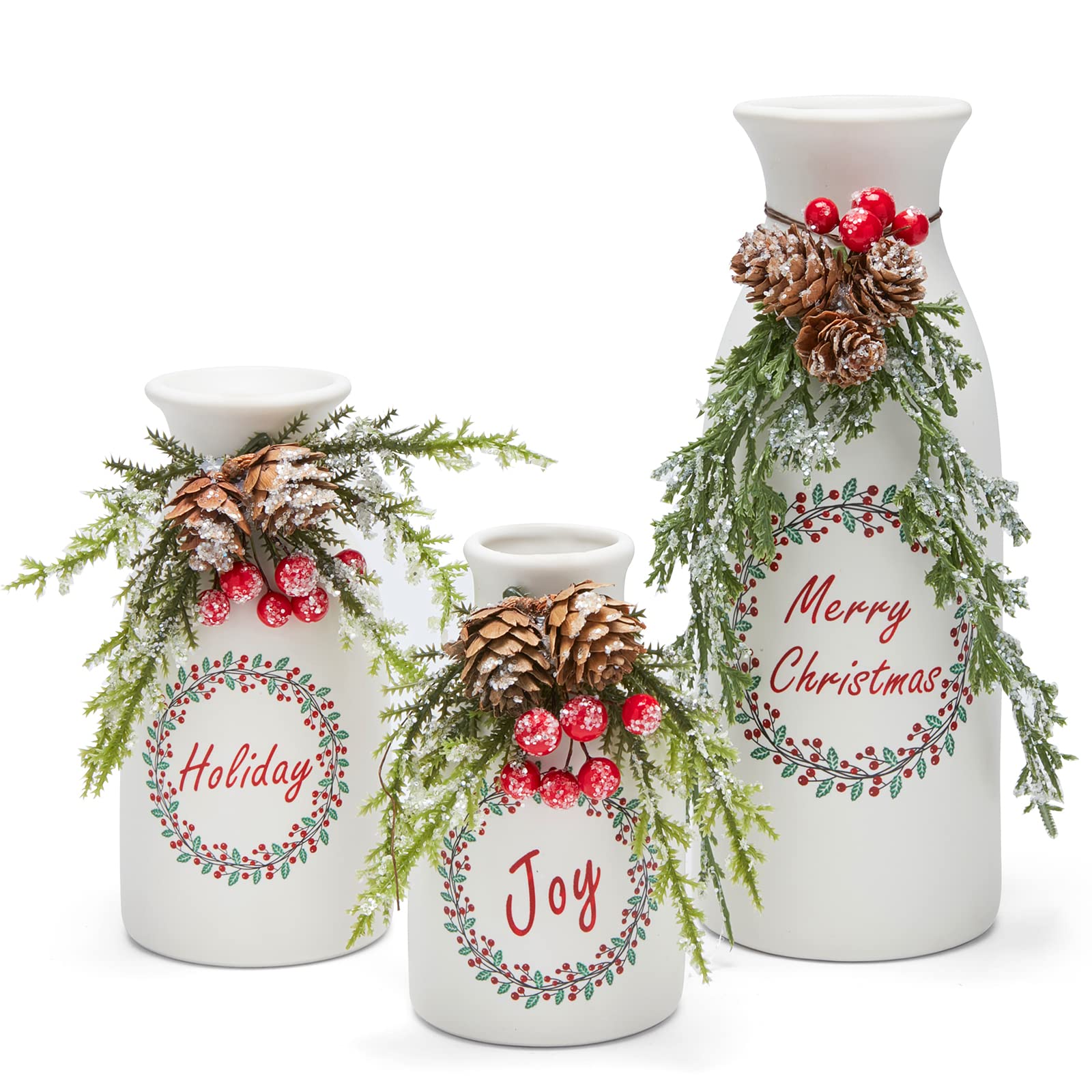 Wortour Artificial Christmas Vase 3-Piece Set Flocked with Mixed Xmas Decorations Ceramic White Bottles (White)