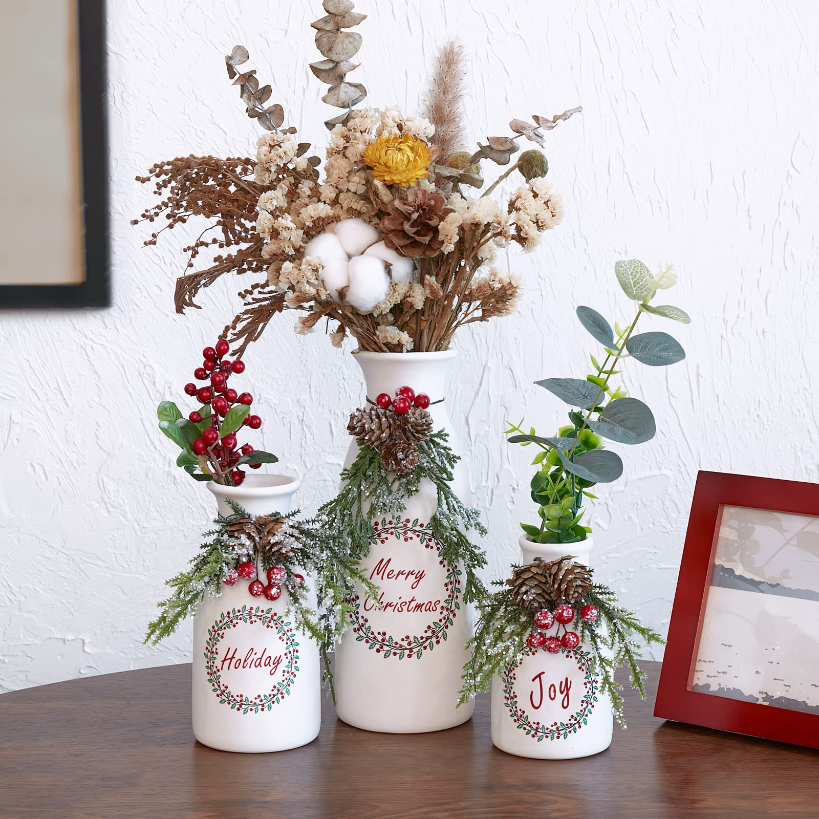 Wortour Artificial Christmas Vase 3-Piece Set Flocked with Mixed Xmas Decorations Ceramic White Bottles (White)