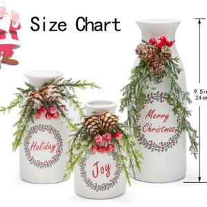 Wortour Artificial Christmas Vase 3-Piece Set Flocked with Mixed Xmas Decorations Ceramic White Bottles (White)