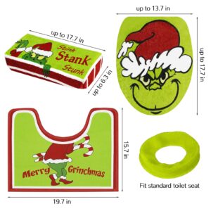 Christmas Decorations - Xmas Bathroom Sets - Grinchs Decor Toilet Seat Cover and Rug for Indoor Home Set of 4 (Red - Green)